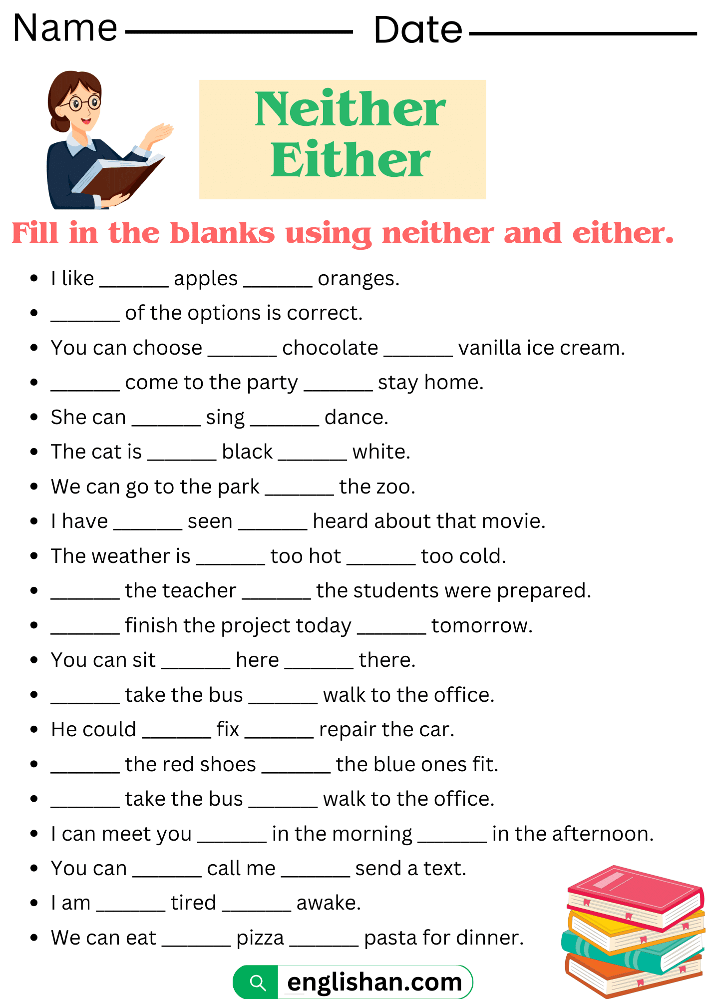 Neither Either Worksheets and Exercises with Answers in English