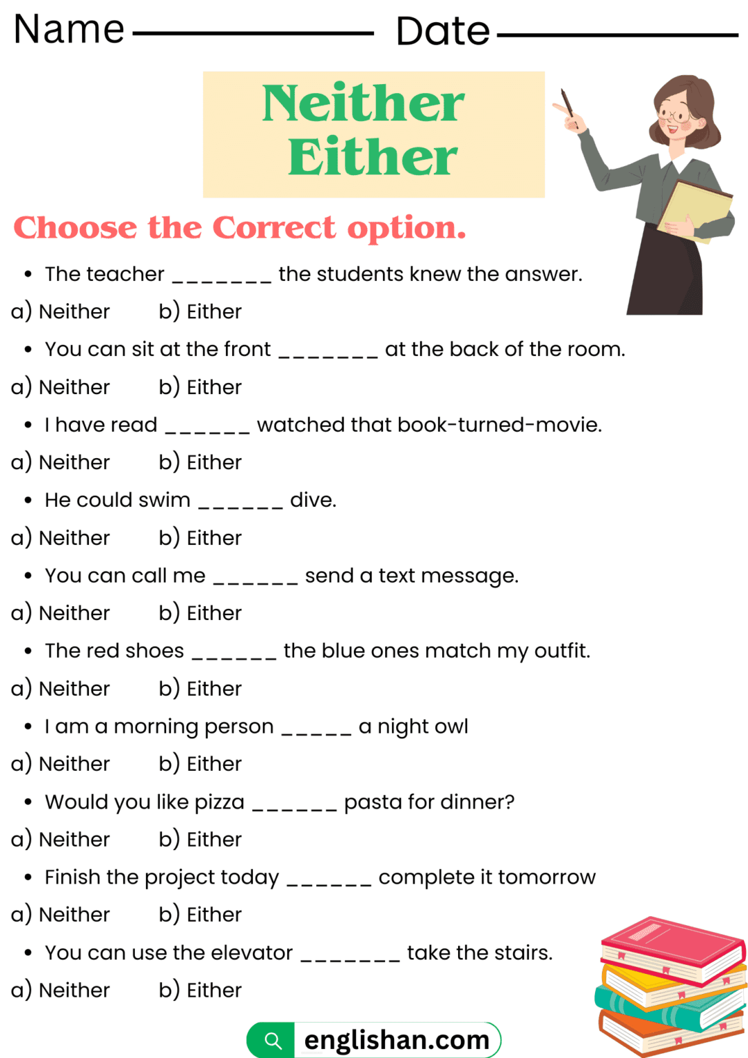 Neither Either Worksheets and Exercises with Answers in English