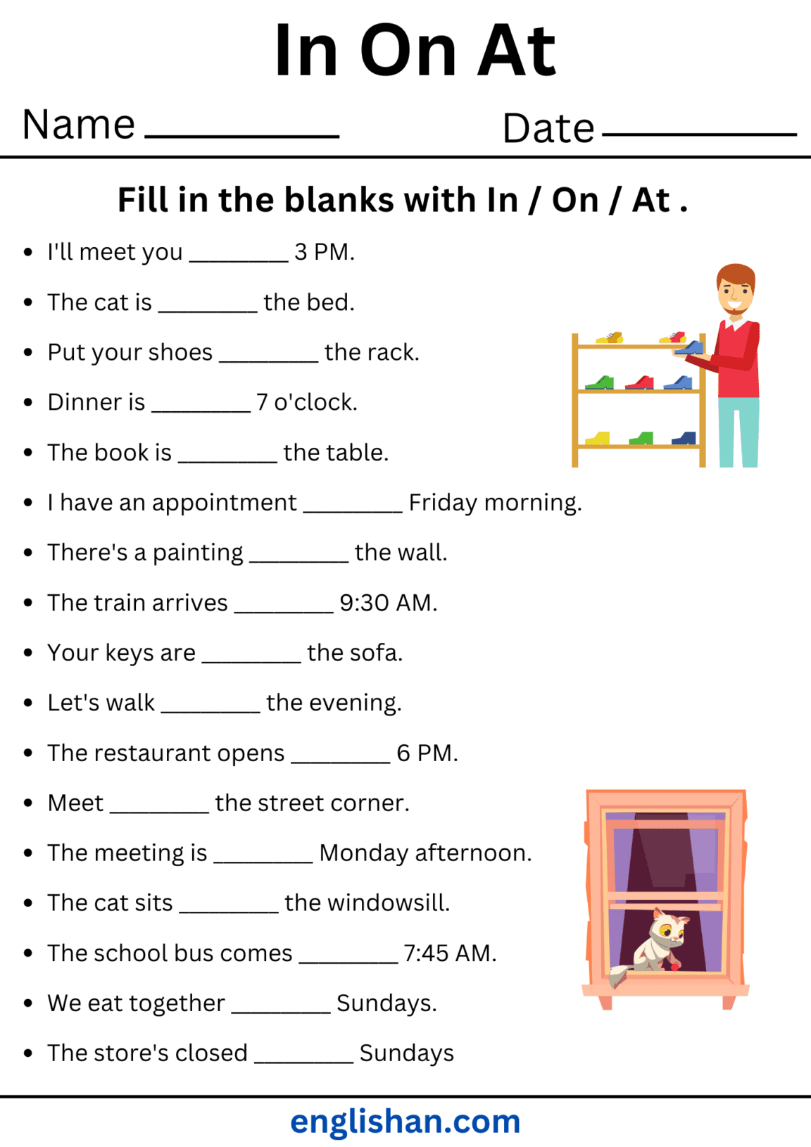 In On At Worksheets | Preposition of Time Worksheets