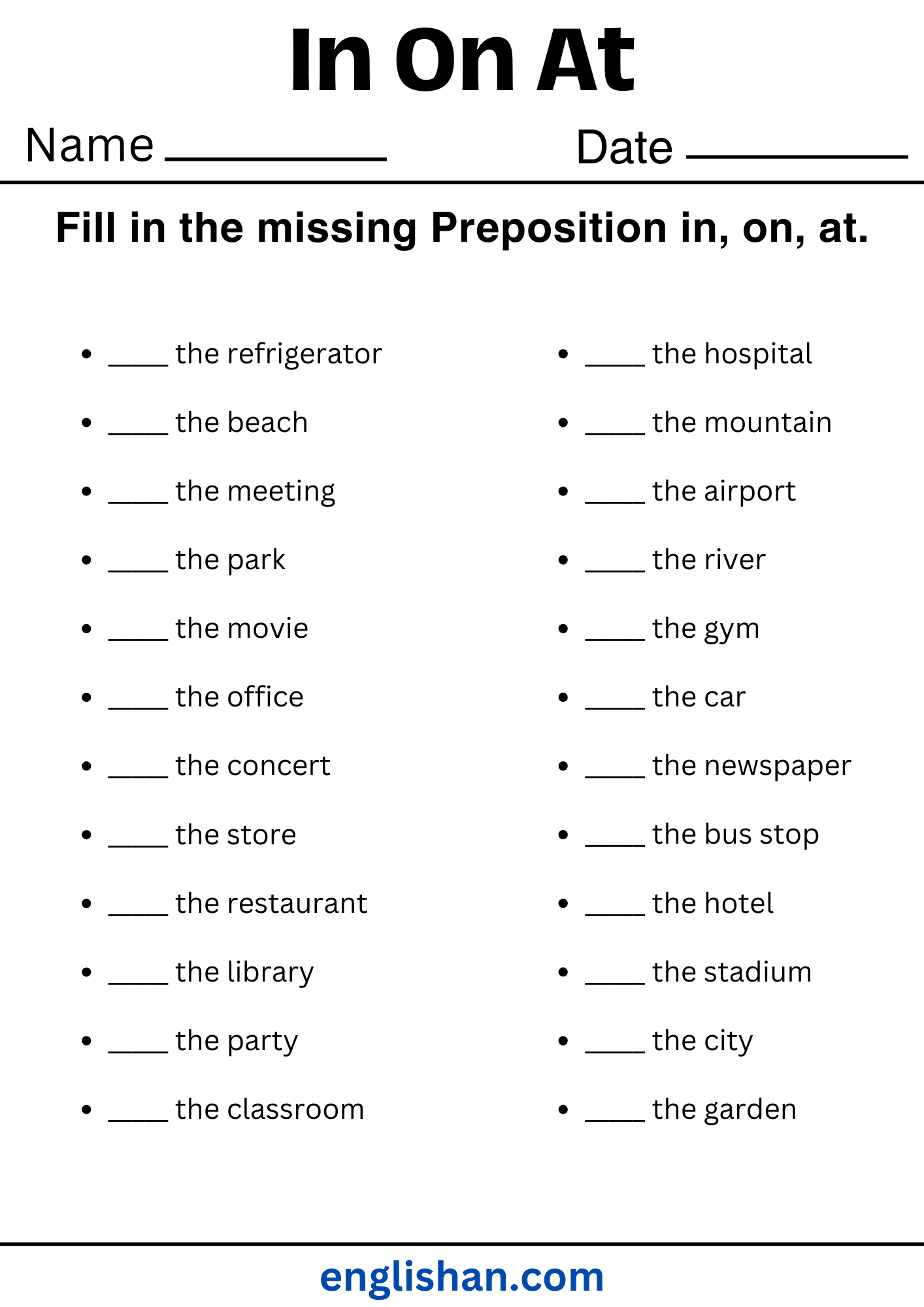 In On At Worksheets | Preposition of Time Worksheets