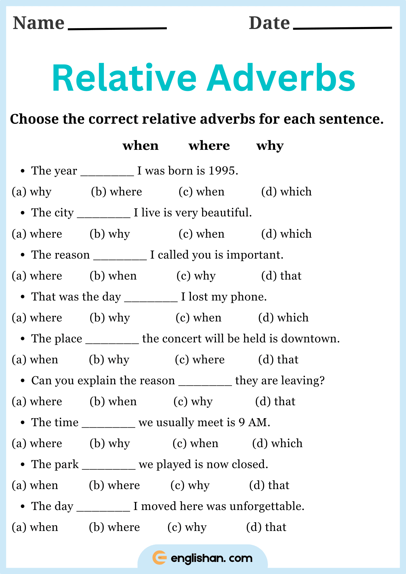 Relative Adverbs Worksheets with Answers