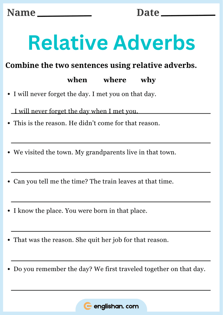 Relative Adverbs Worksheets with Answers